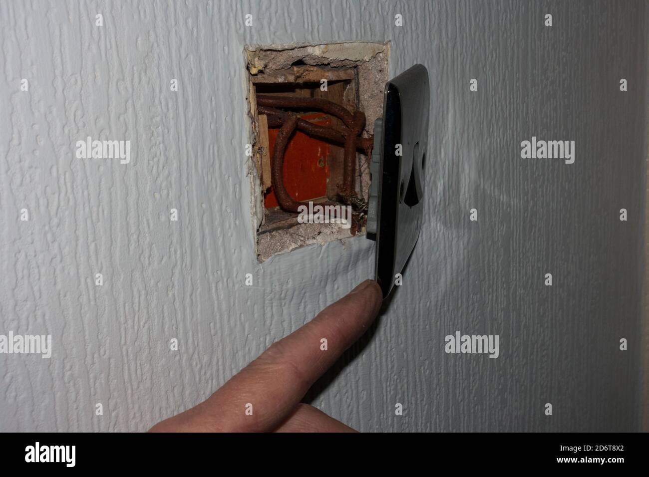 Electrical wooden Backbox with old wiring, England, UK Stock Photo - Alamy