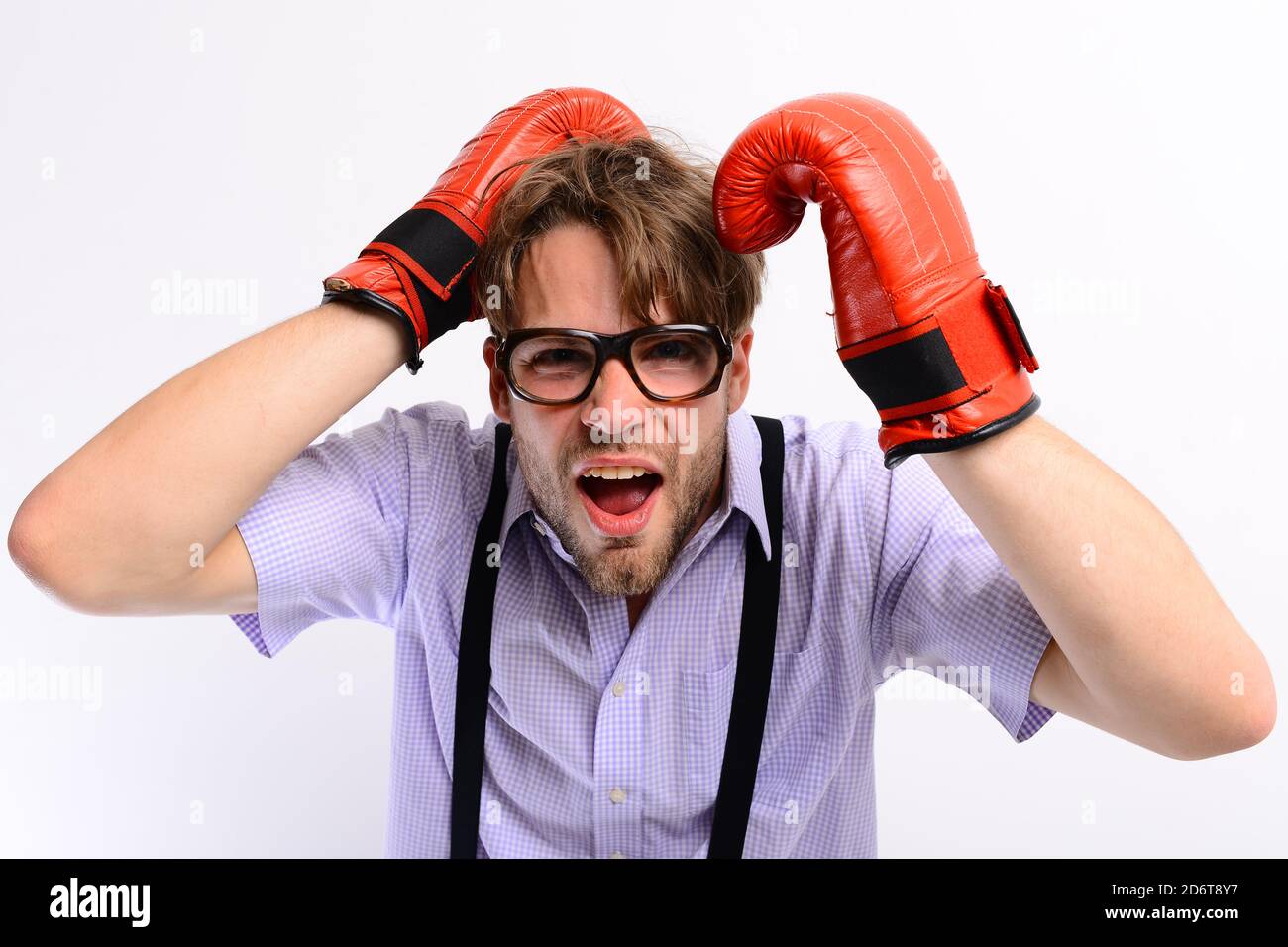 Weak guy in awkward position. Competition and intelligent sport concept ...