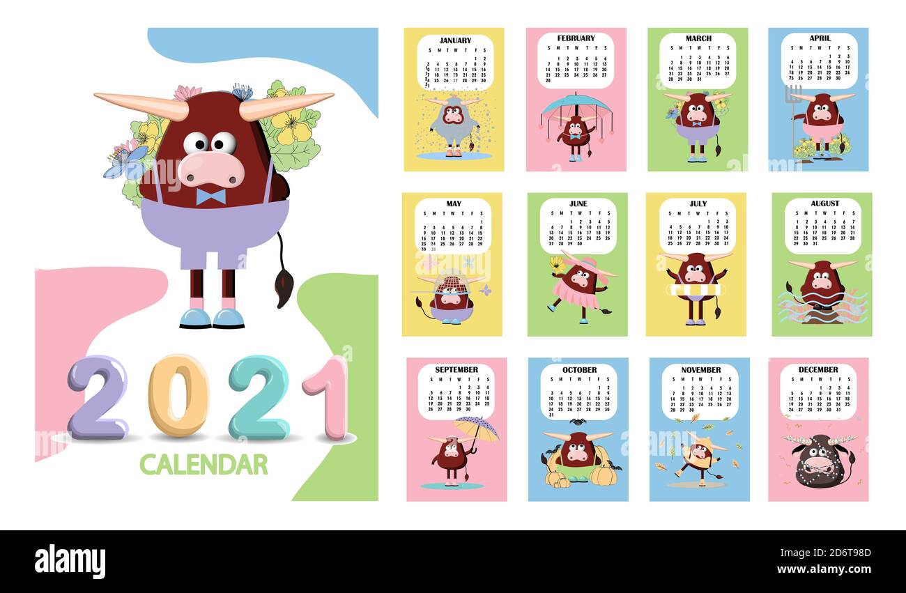 bull, white bull calendar or A4 planner for 2021 with cartoon kawaii ...
