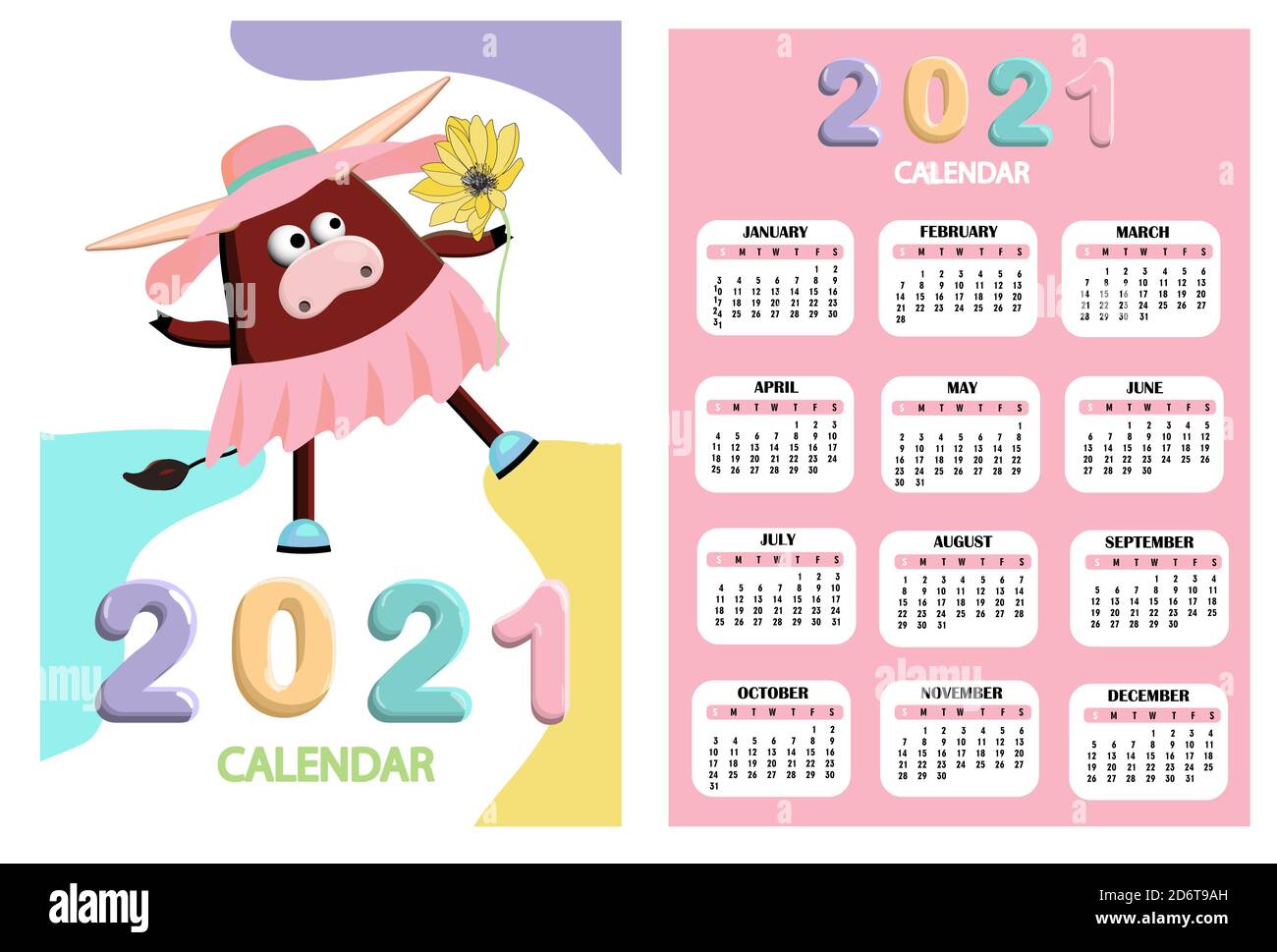 bull, white bull calendar or A4 planner for 2021 with cartoon kawaii ...