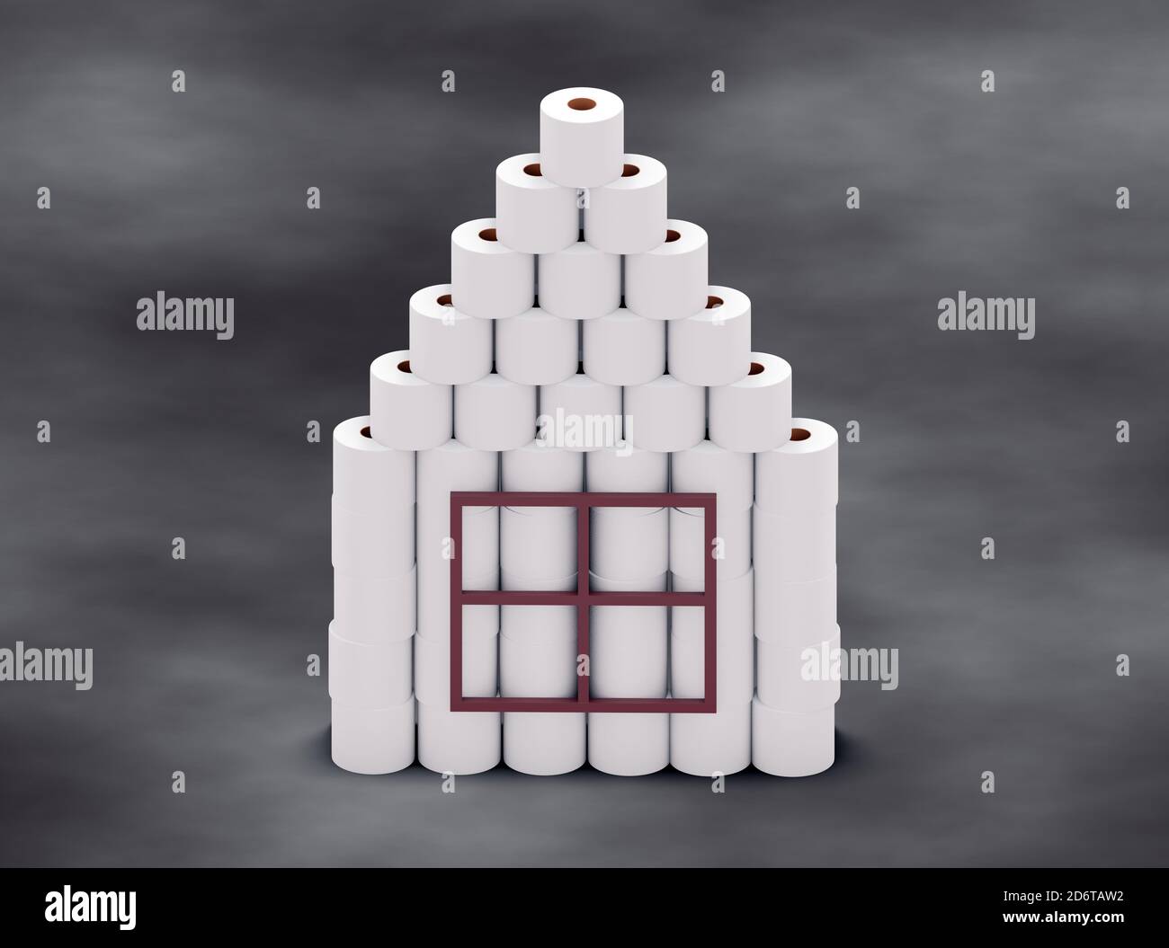 a paper toilet house, a pyramid of toilet paper on gray background. 3d ...