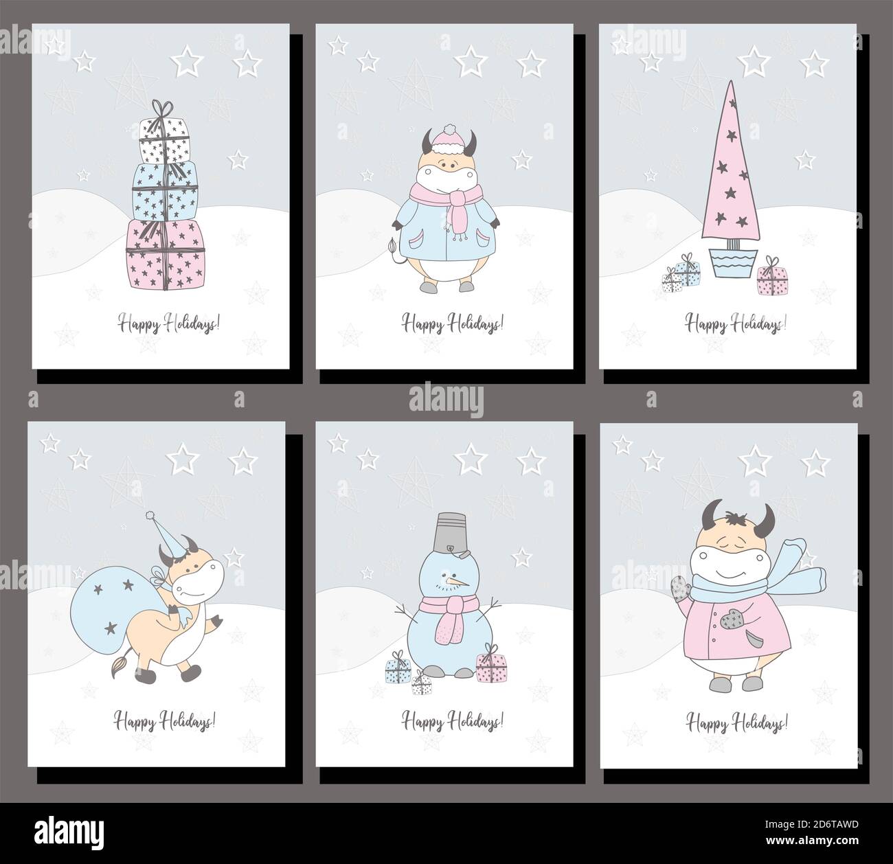 happy holidays. 2021 symbol of the year of the ox. Set of six christmas ...
