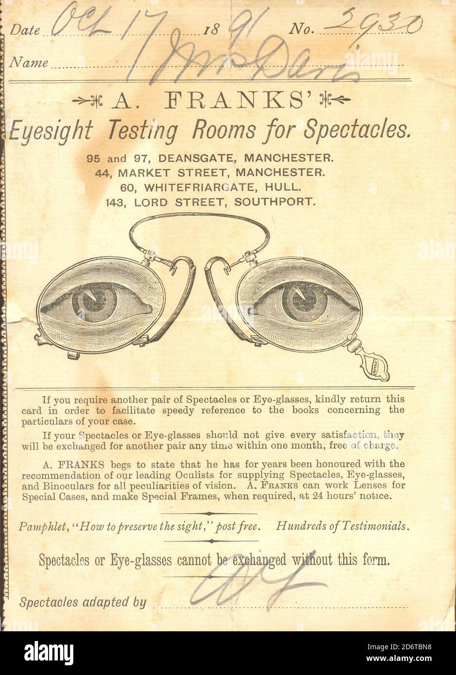 Appointment card for A Franks' Eyesight Testing Rooms for Spectacles ...