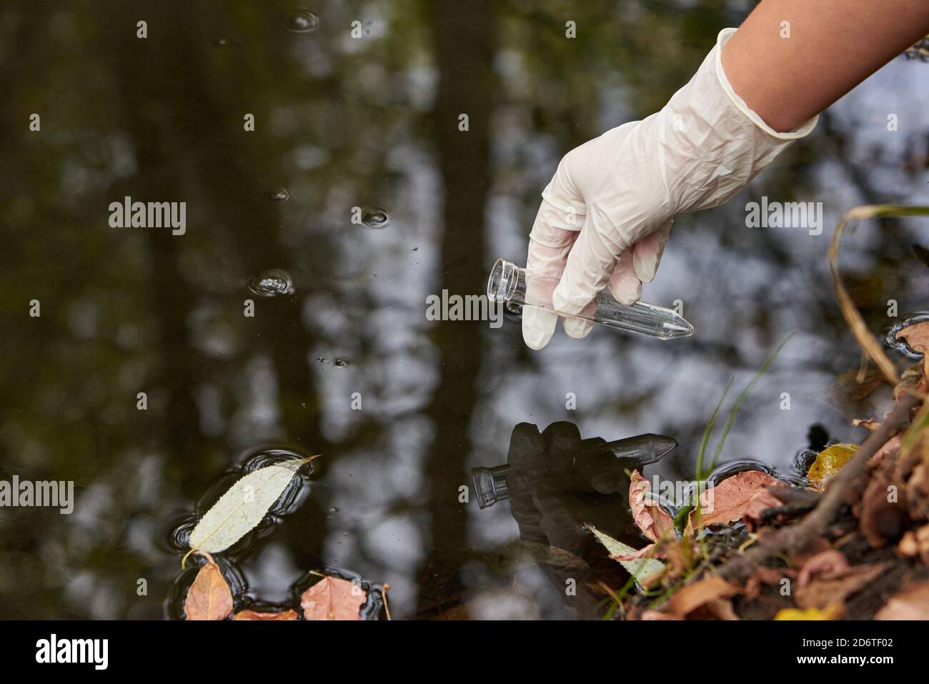 A scientist collects river water in a glass beaker for testing Stock ...