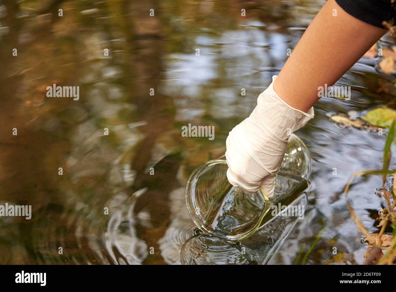 A scientist collects river water in a glass beaker for testing Stock ...