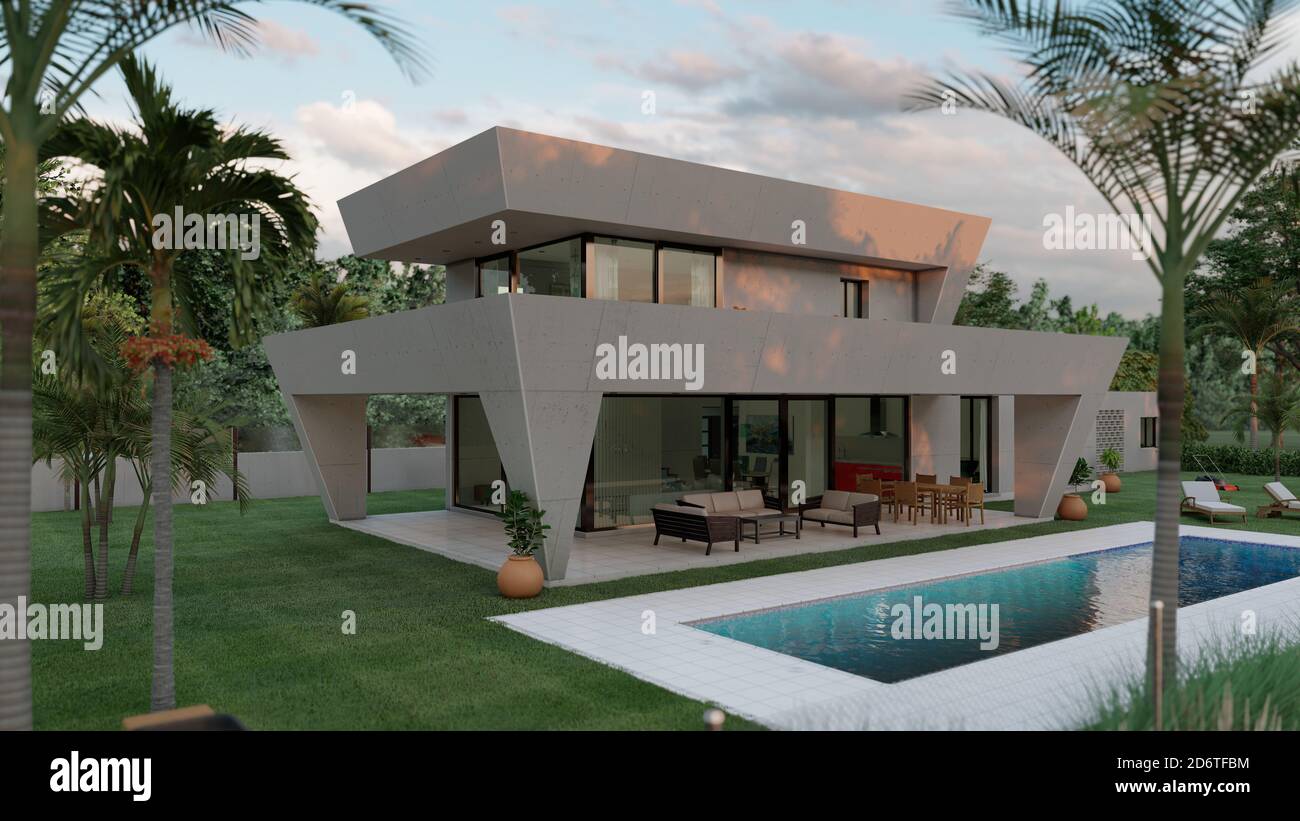 Exterior of contemporary house with geometric design and swimming pool ...