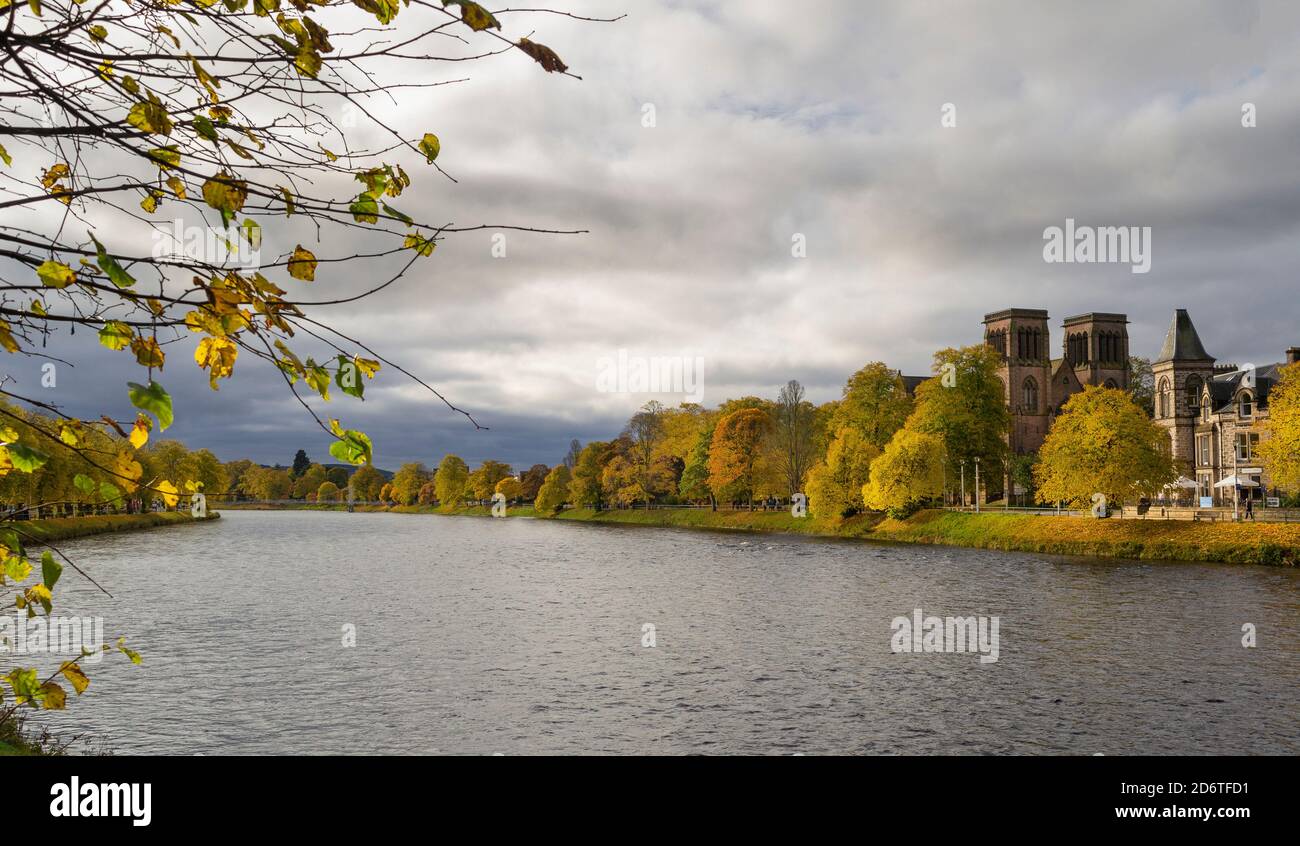 INVERNESS CITY SCOTLAND VIEW TO CATHEDRAL AND AUTUMN COLOURED TREES ...