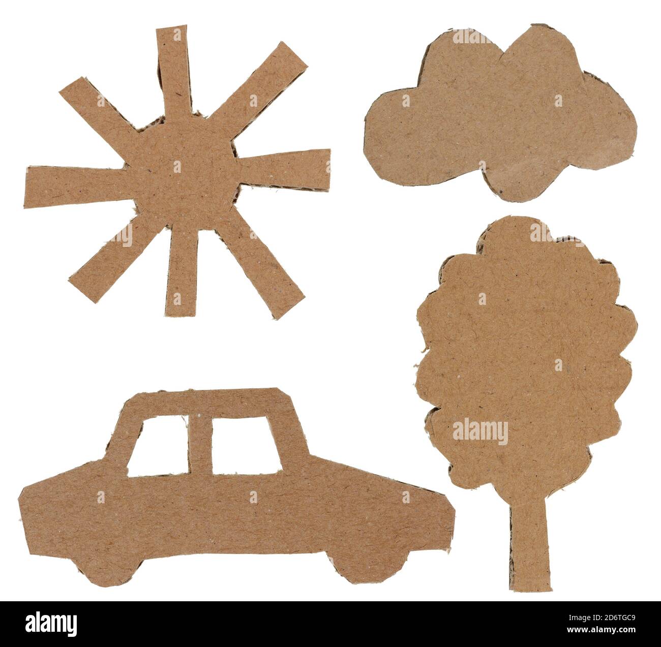 Sun, car, tree and cloud handmade toys made for cardboard. Isolated on ...
