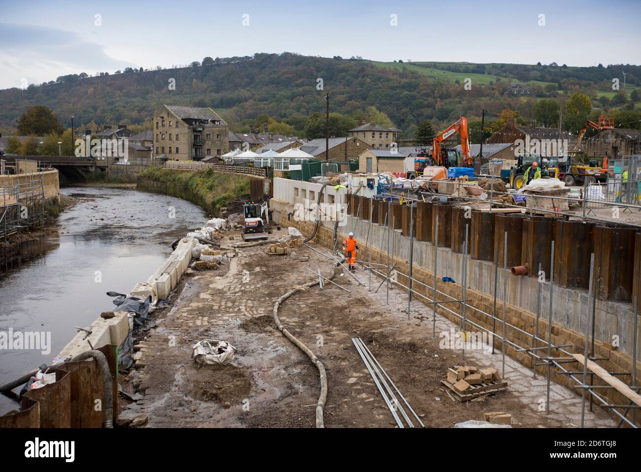 Flood defence work in Mytholmroyd, near Hebden Bridge, in West ...