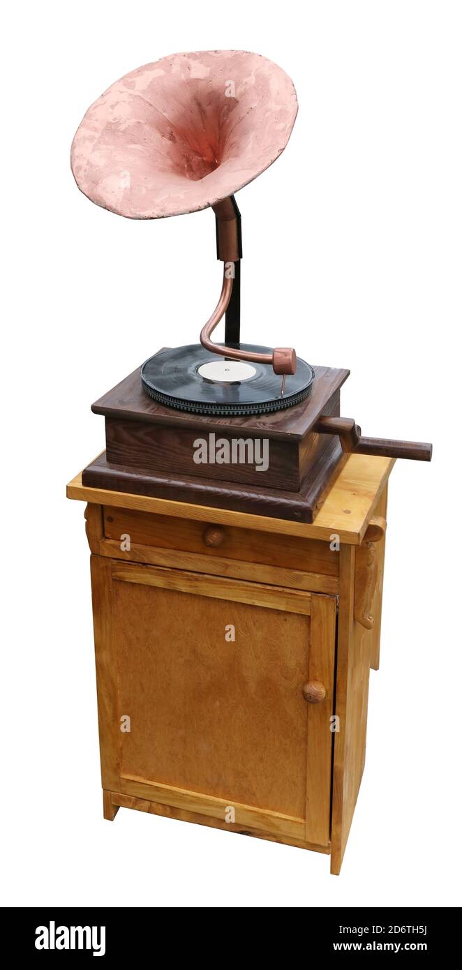 An homemade imitation of an old gramophone made of wooden planks and ...