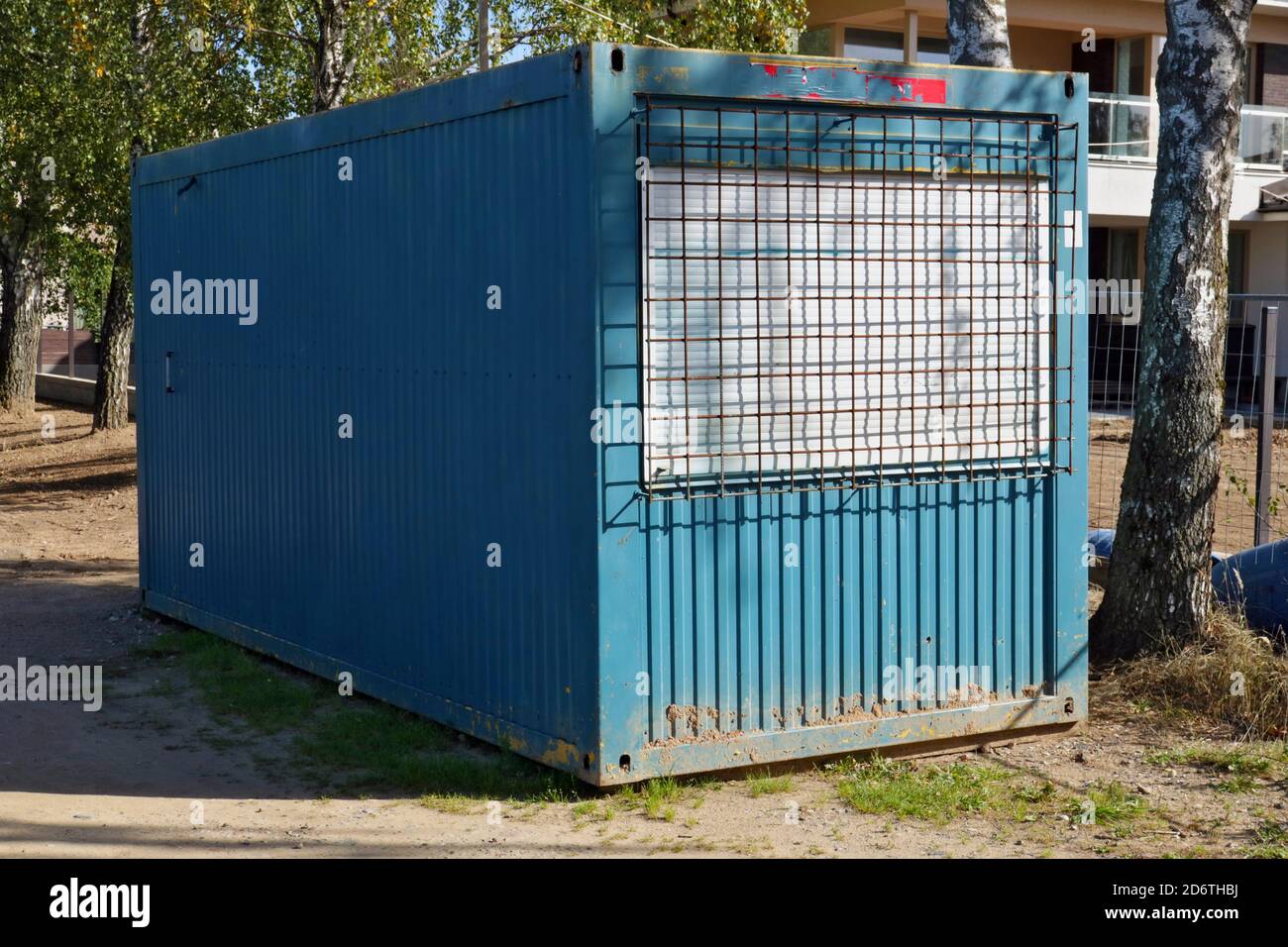 Blue steel container are installed near construction site landscape ...