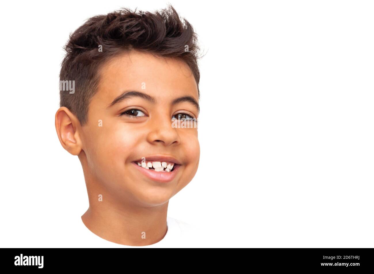 Close up image of handsome emotional black little boy wearing white t ...