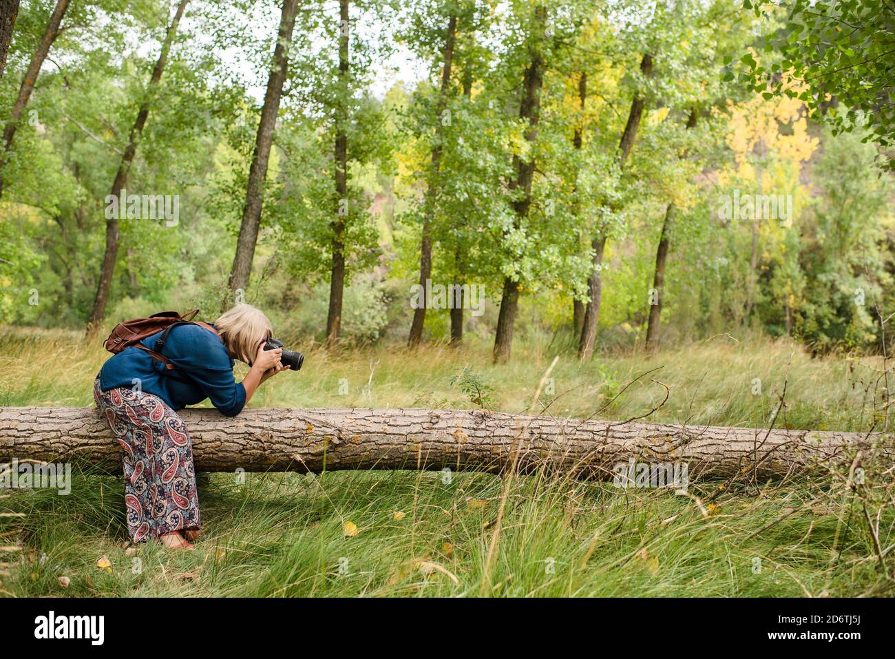 Side view of unrecognizable female photographer with photo camera ...