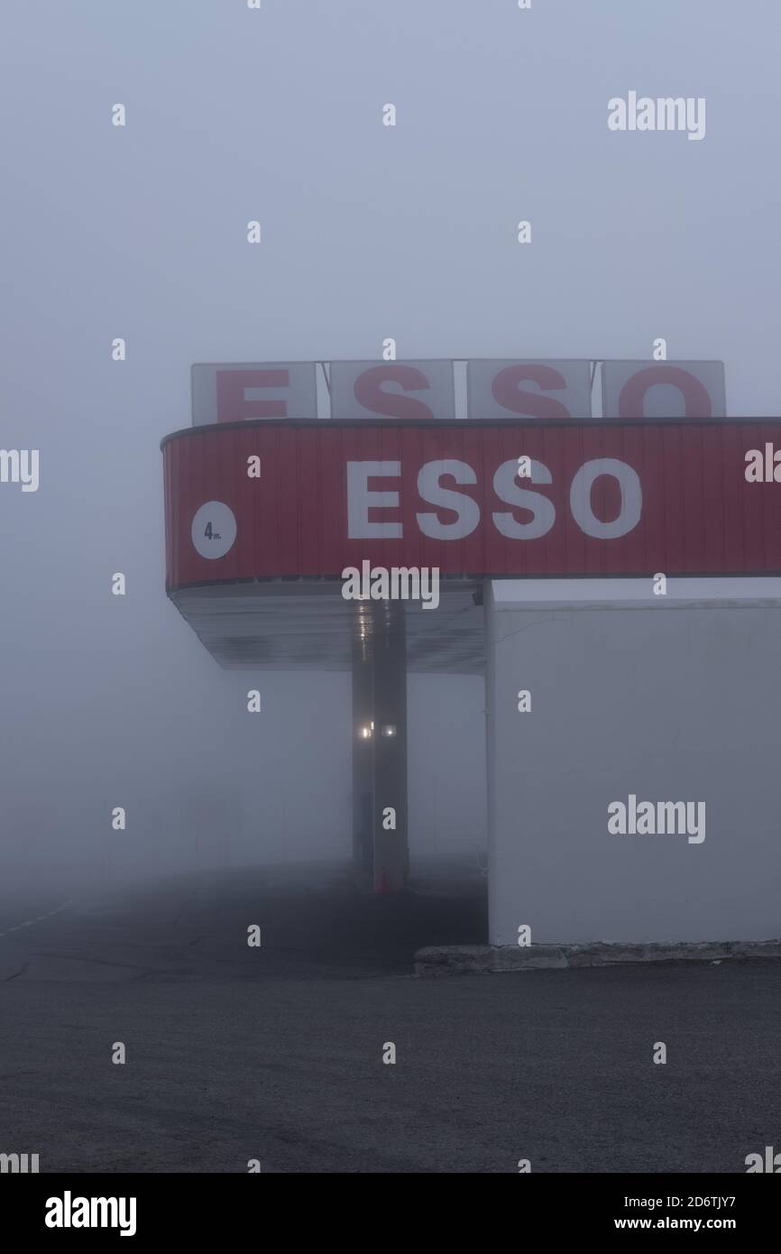 Esso petrol station in the mist in the Pyrenees Stock Photo - Alamy