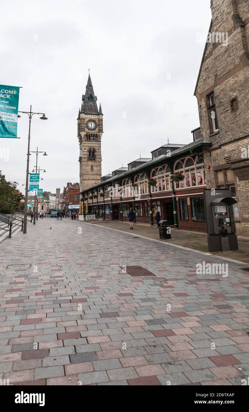 A view of the town clock and indoor market in Darlington in the north ...