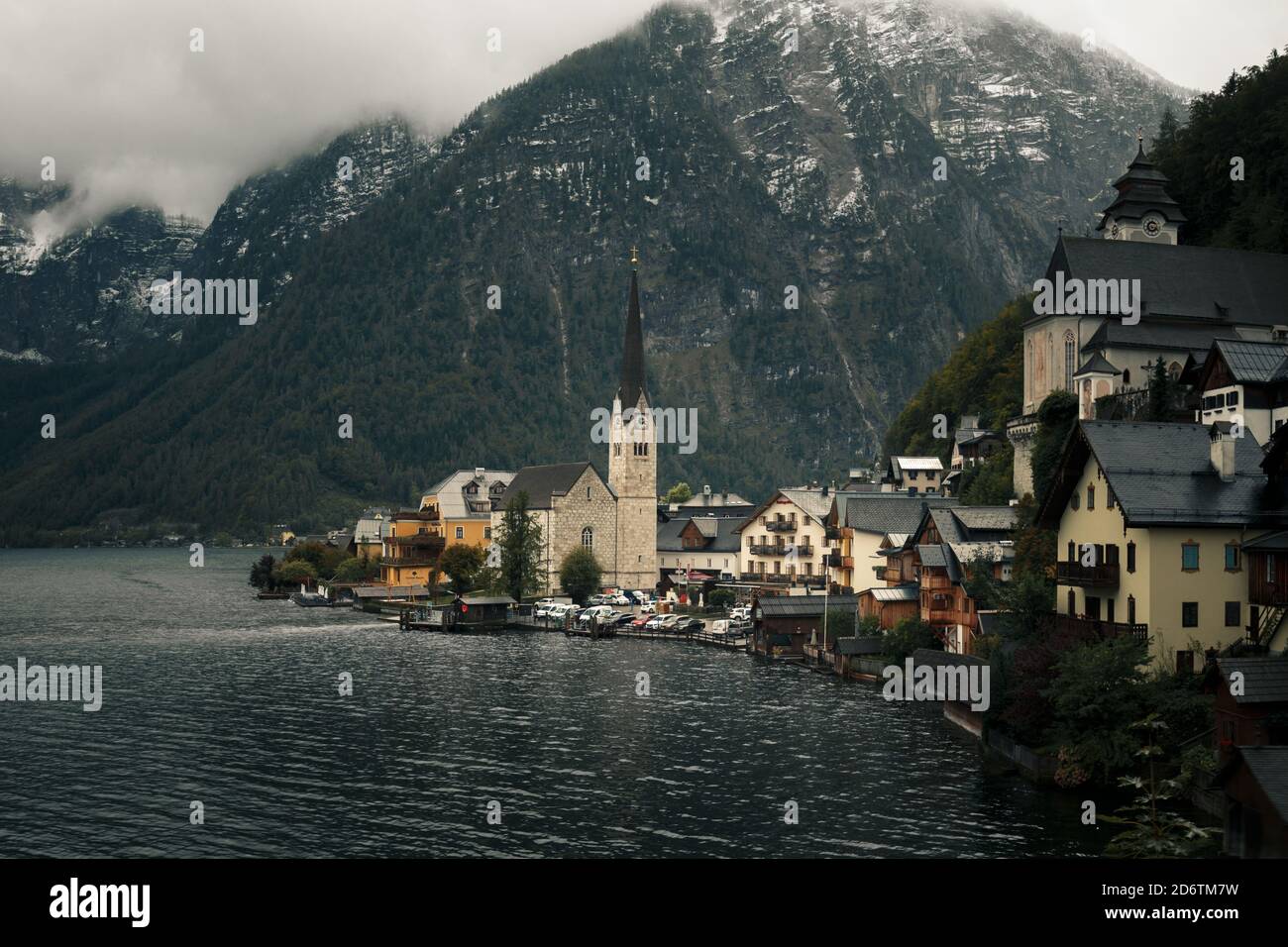 Hallstatt small town as postcard view on lake side, autumn Stock Photo ...