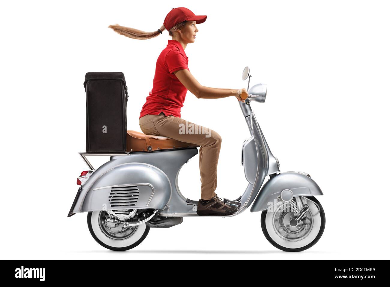 Female courier delivering food with a motorbike scooter isolated on ...