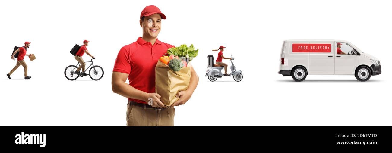 Male worker from a food delivery company with other workers and a van ...