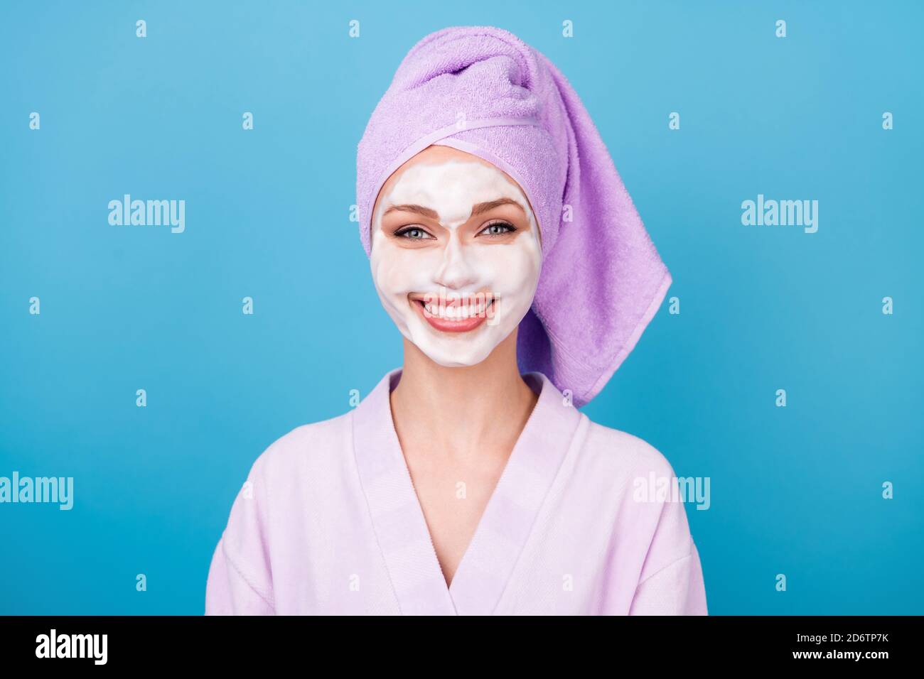 Photo of pretty girl facial foam mask shiny white smile wear violet ...