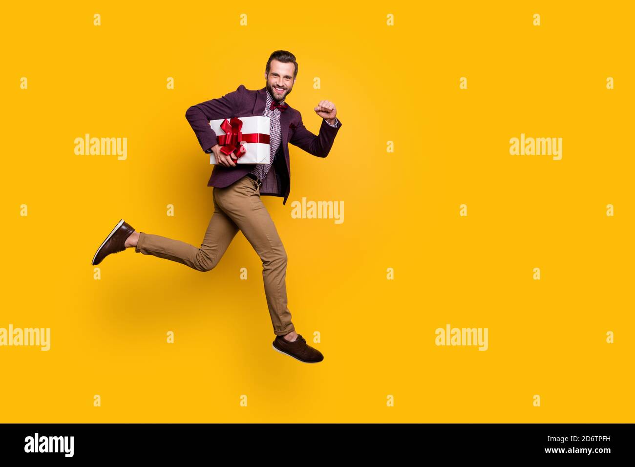 Full size profile photo of handsome stylish guy jump high up rushing ...