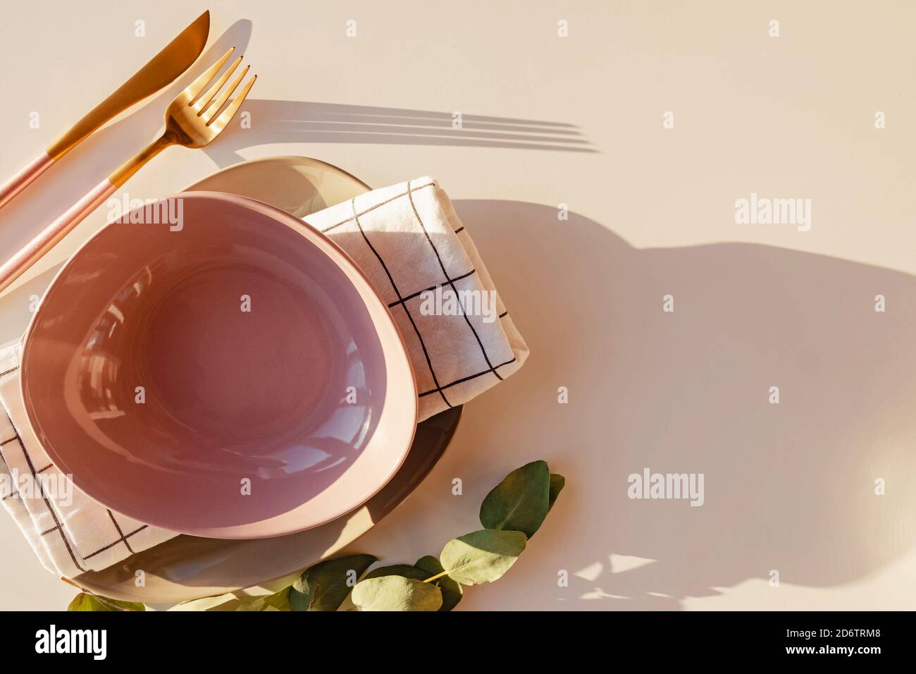 Empty pink plate on white table, top view. Natural sunlight Stock Photo ...