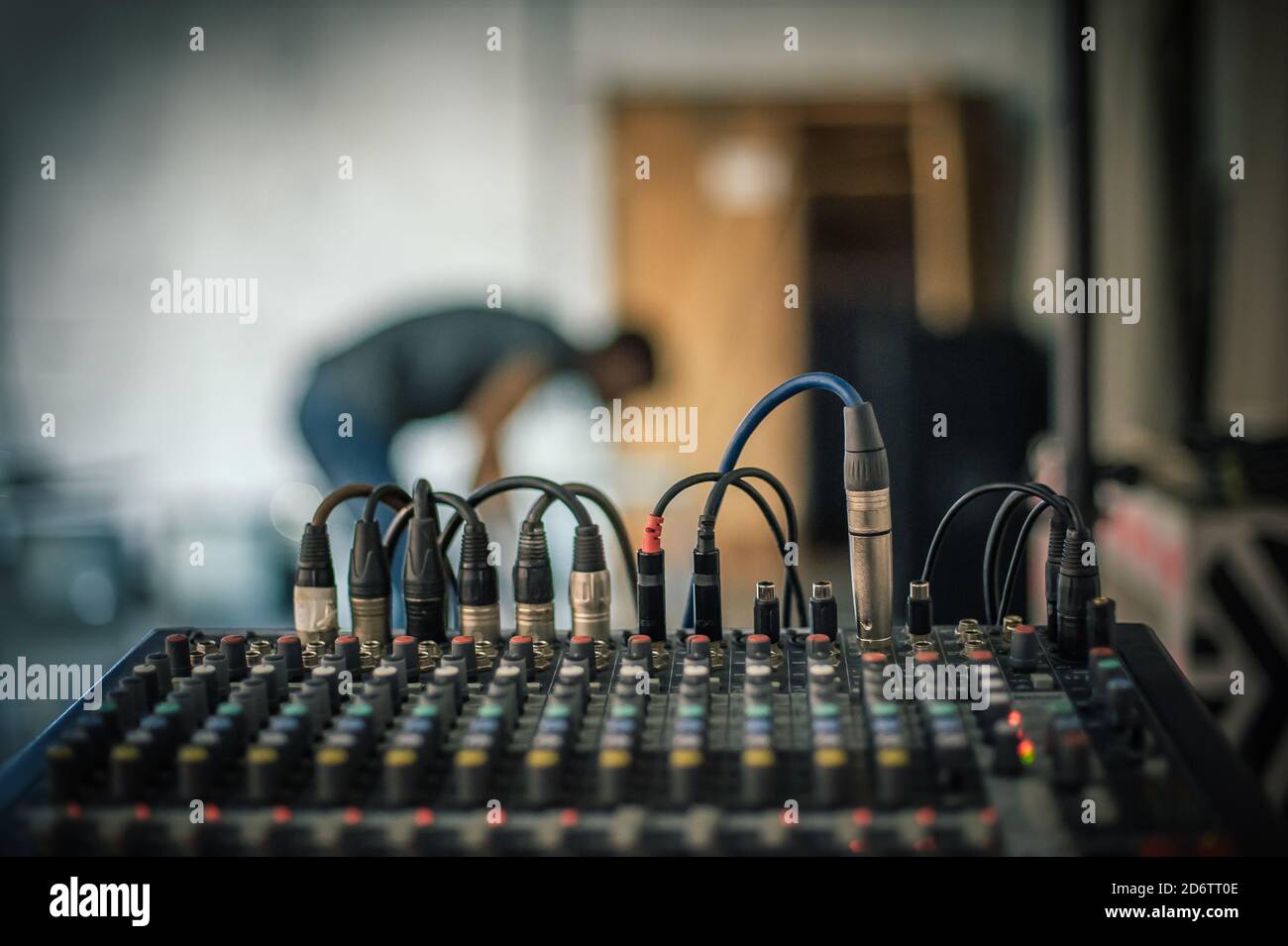 Behind the scene. Sound technician electric engineer adjusting sound ...