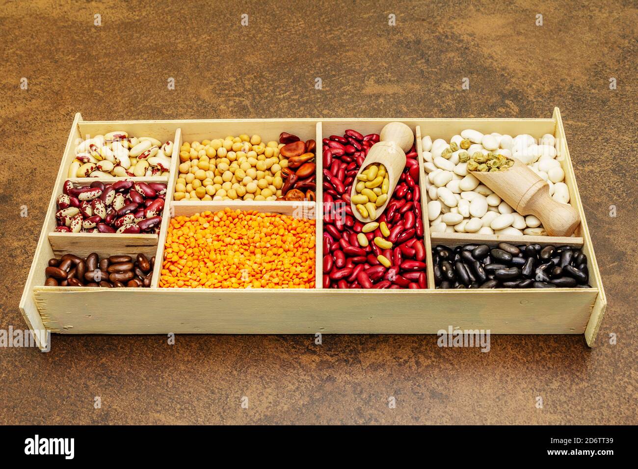 Set of various dry legumes in wooden box, indispensable protein for a ...