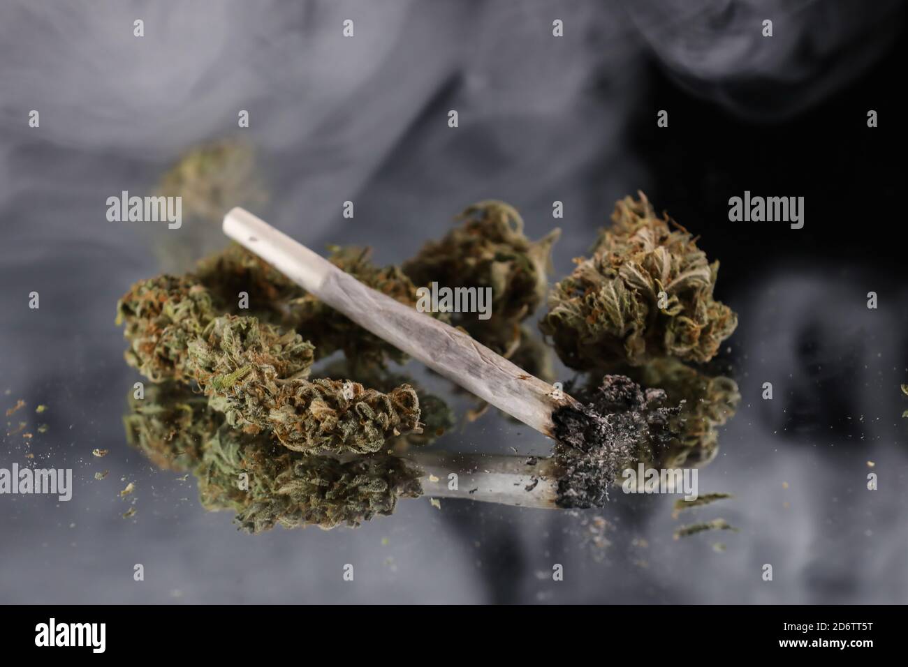 Cannabis branch and joint in the smoke on a black background. Marijuana ...