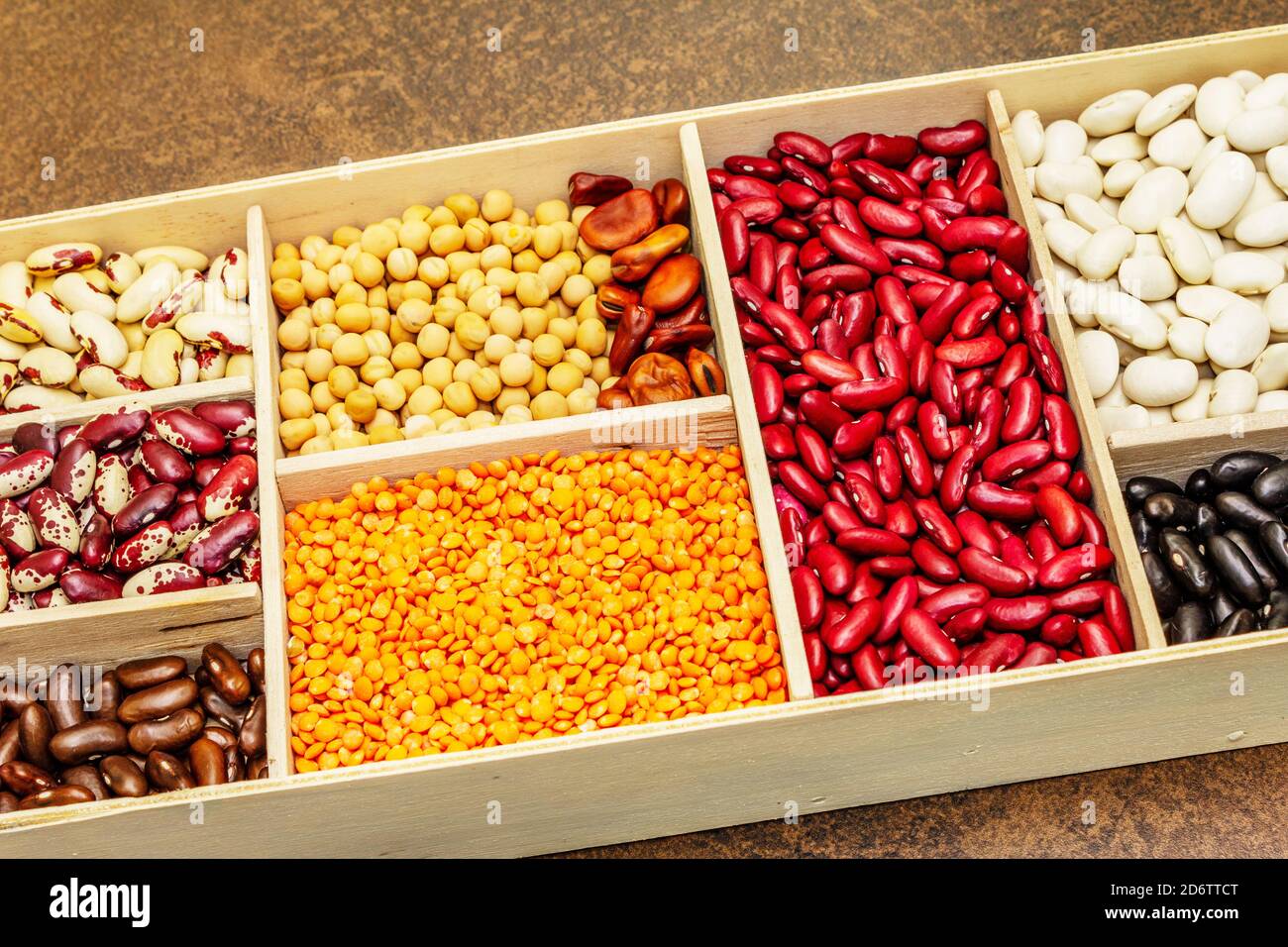 Set of various dry legumes in wooden box, indispensable protein for a ...