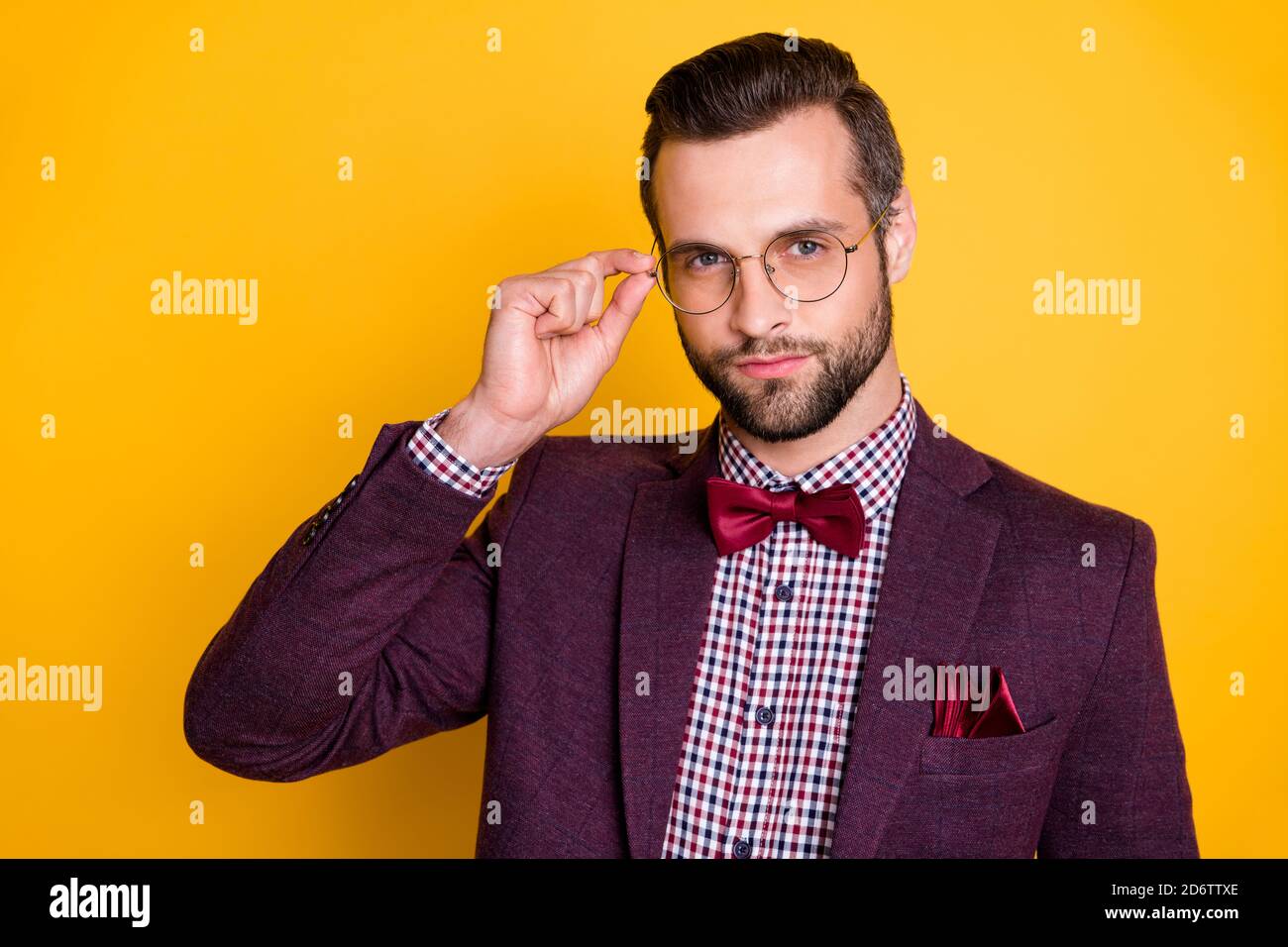Close-up portrait of his he nice attractive content calm guy model ...