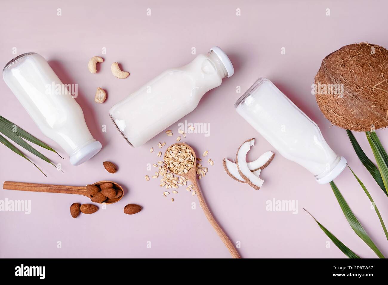 Different types of vegan plant based non-dairy milk in small glass ...