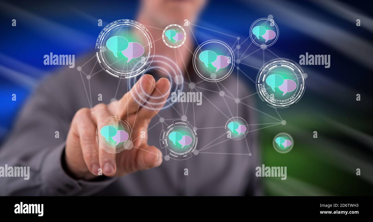 Man touching a communication network concept on a touch screen with his ...