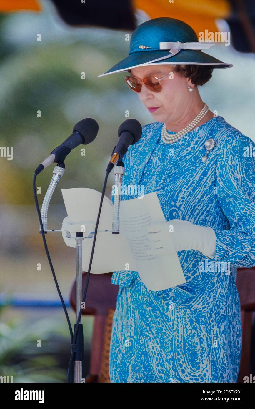 Queen Elizabeth II giving a speech at a visit to Queen's College to ...