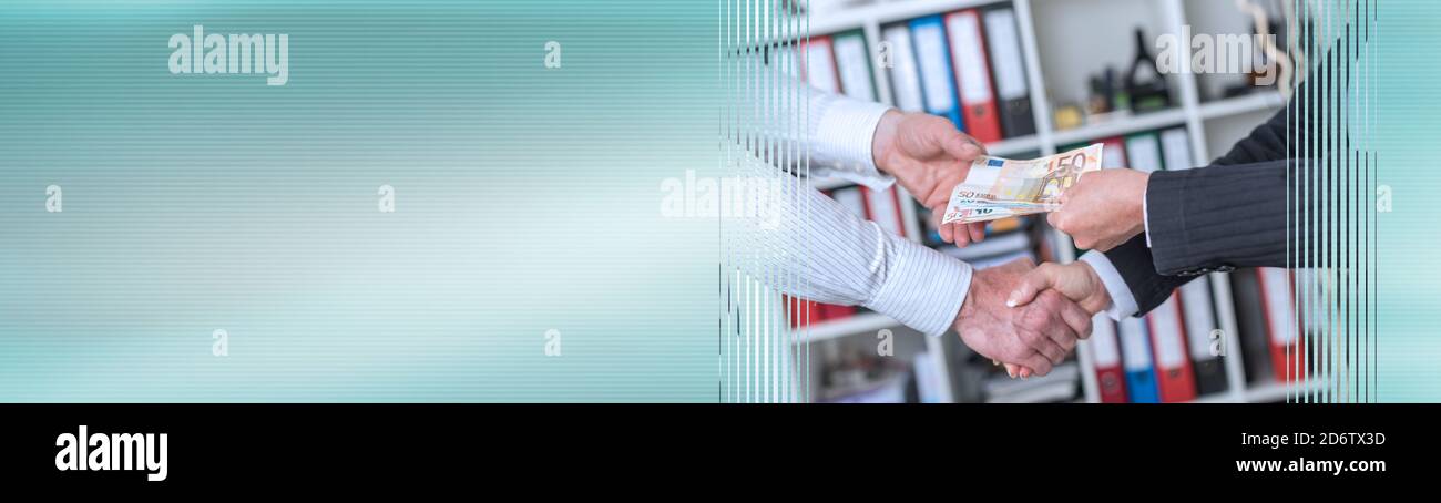 Hand shake deal with cash exchange; panoramic banner Stock Photo - Alamy