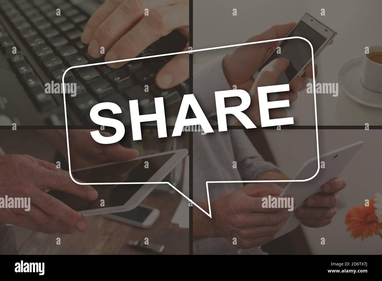 Share concept illustrated by pictures on background Stock Photo - Alamy