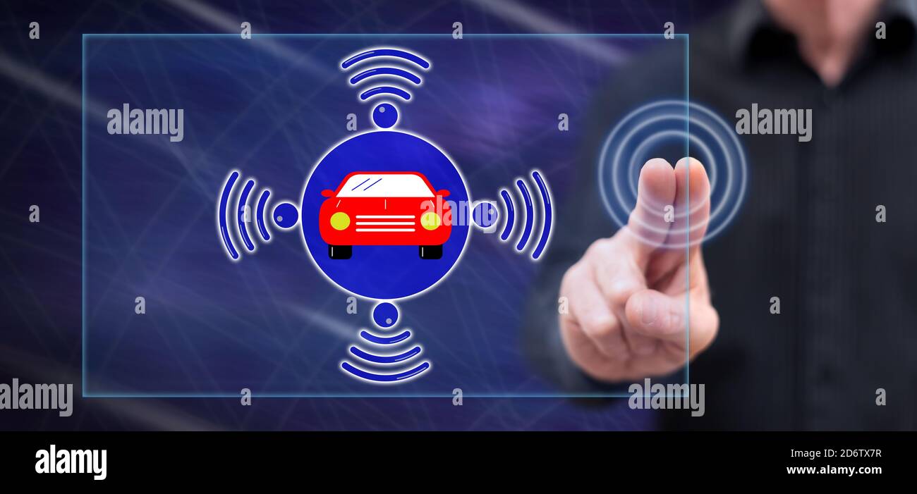 Man touching a smart car concept on a touch screen with his fingers ...