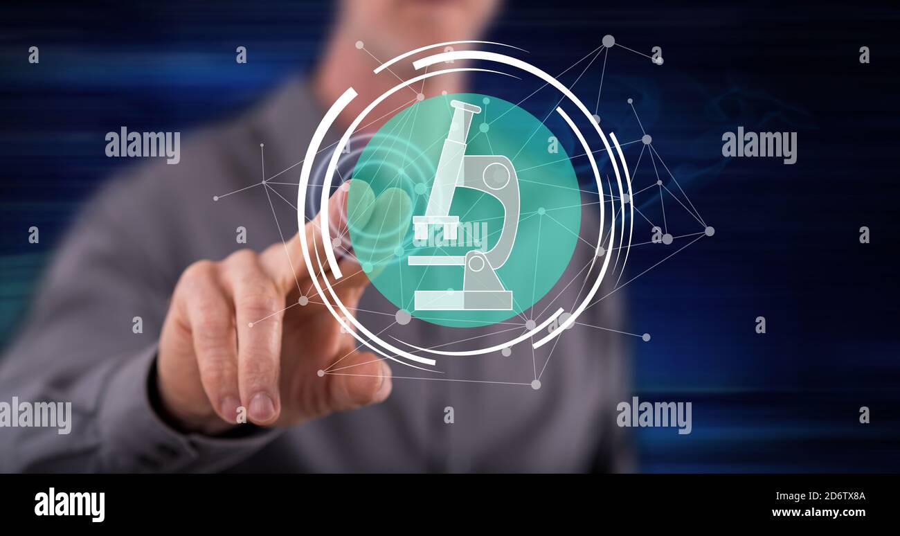 Man touching a scientific research concept on a touch screen with his ...