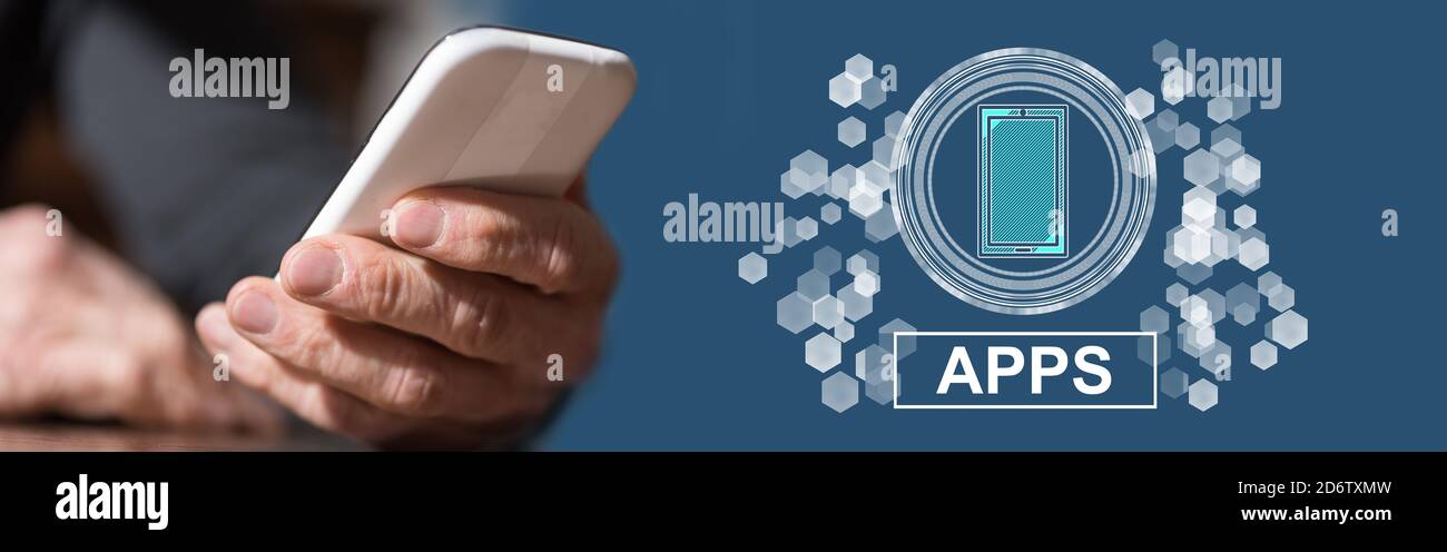 Hand holding mobil phone with apps concept on background Stock Photo ...