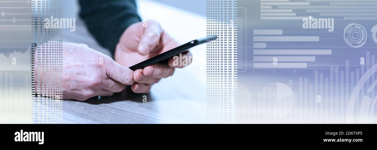 Male hands using his mobile phone. panoramic banner Stock Photo - Alamy