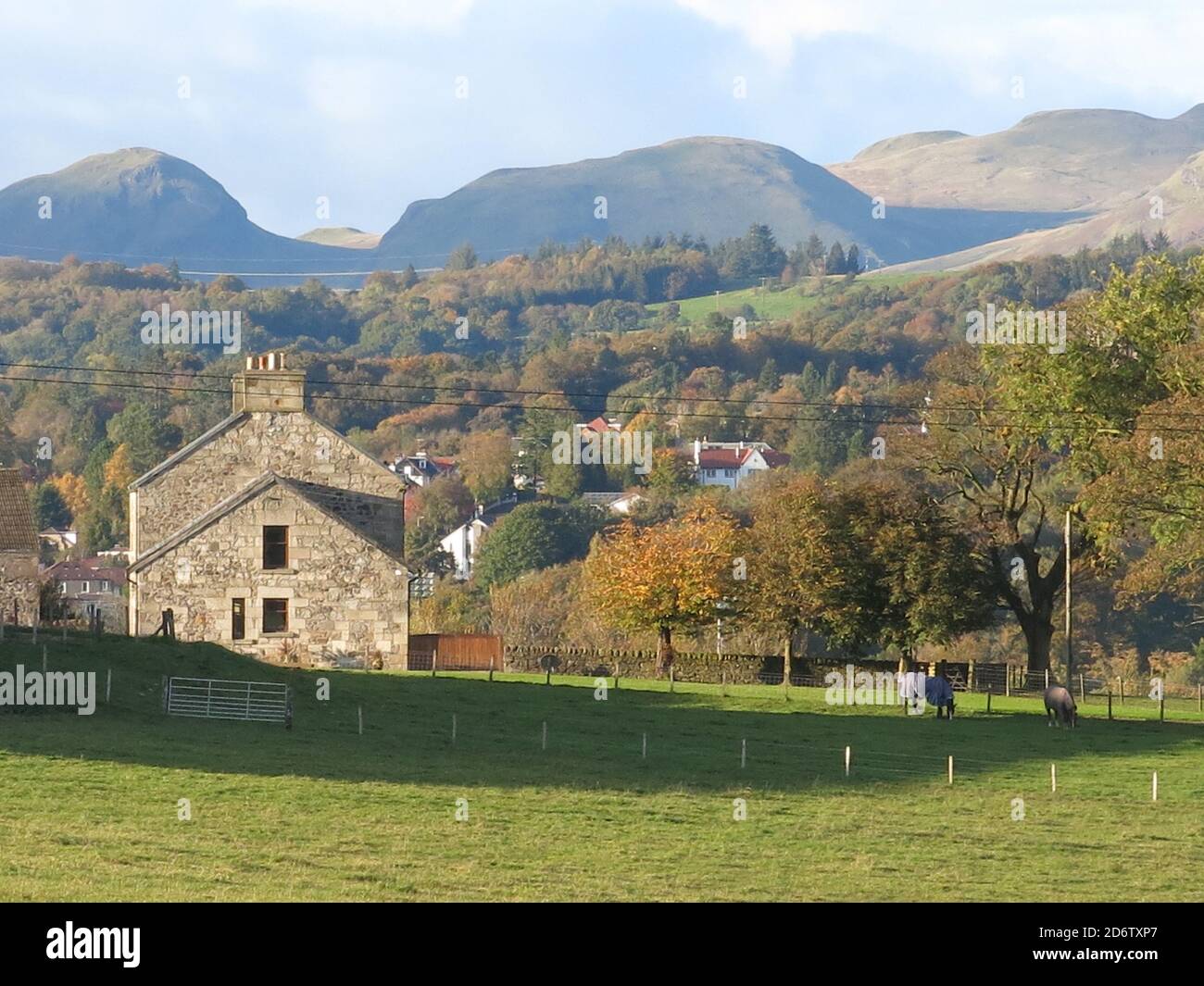 Looking north towards the Campsie Fells across the countryside of ...