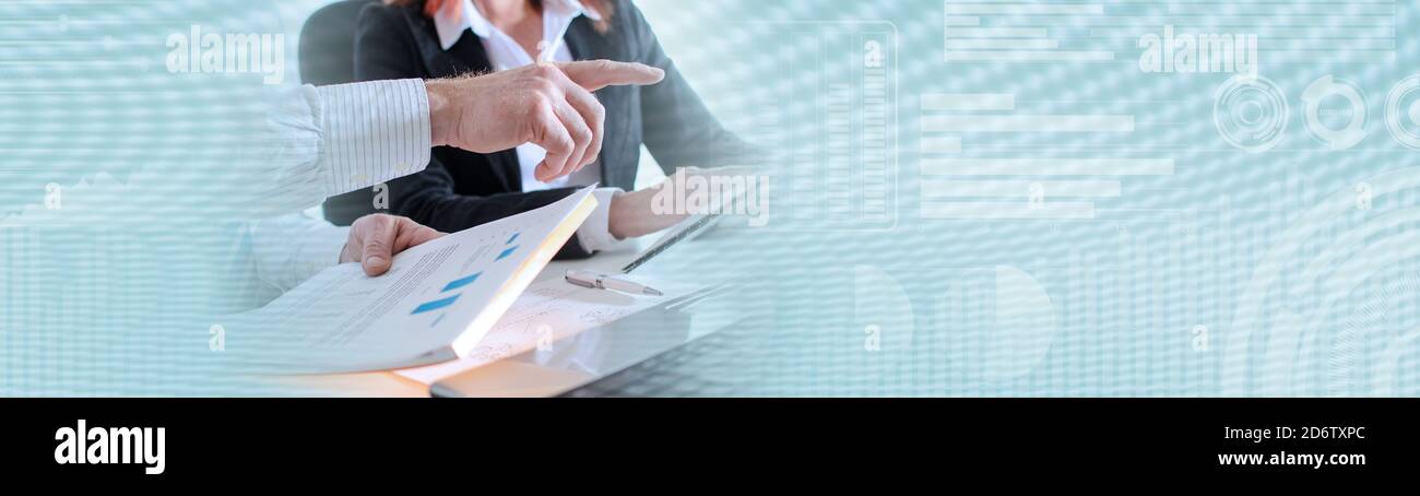 Business people showing and explaining data; panoramic banner Stock ...