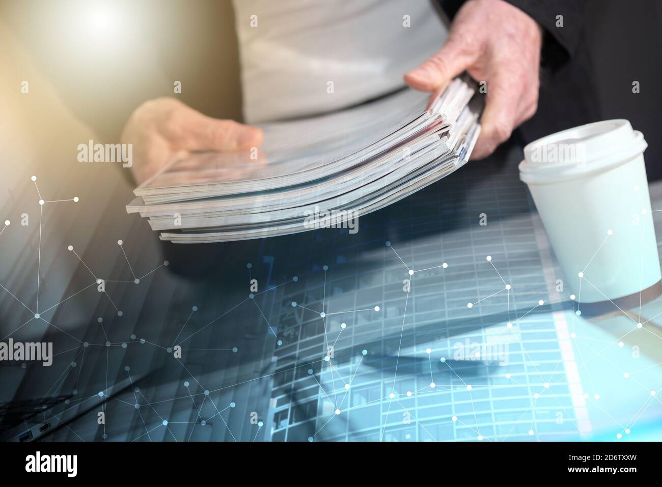 Male hands holding a stack of magazines; multiple exposure Stock Photo ...
