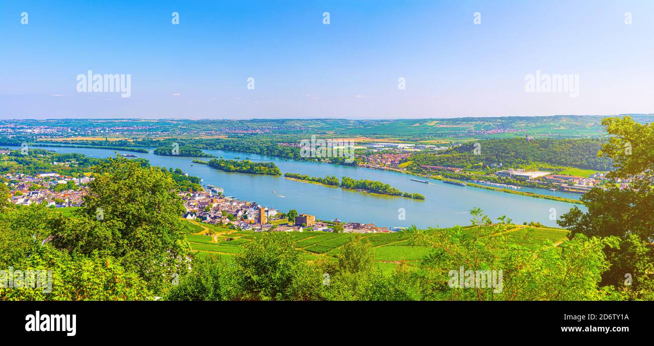 Panorama of river Rhine Gorge or Upper Middle Rhine Valley winemaking ...