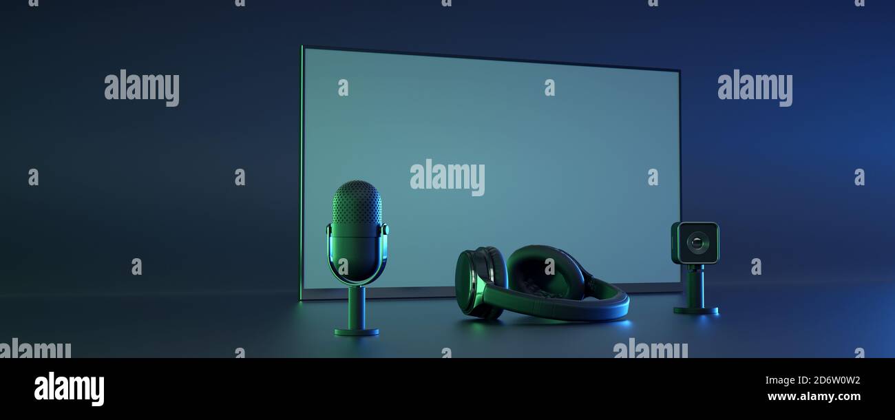 Presentation mockup streamer table with devices Stock Photo - Alamy