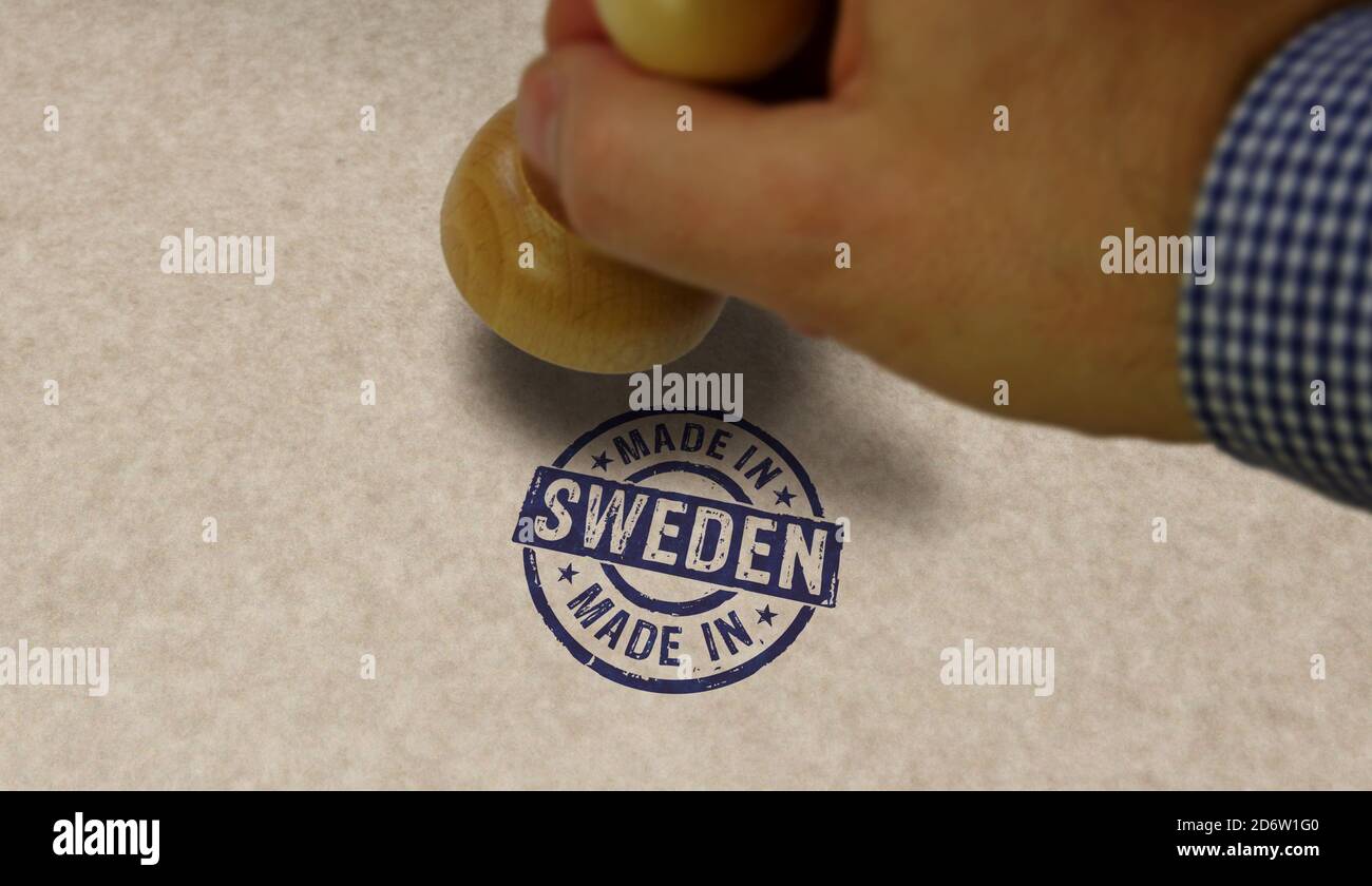 Made in Sweden stamp and stamping hand. Factory, manufacturing and ...