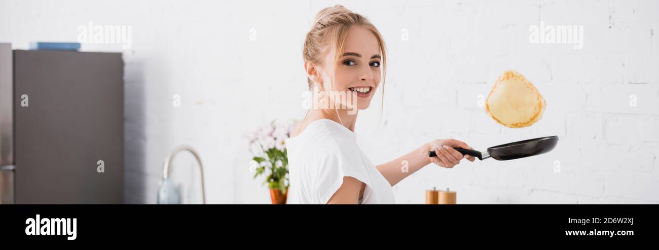 website header of young blonde woman preparing pancakes for breakfast ...