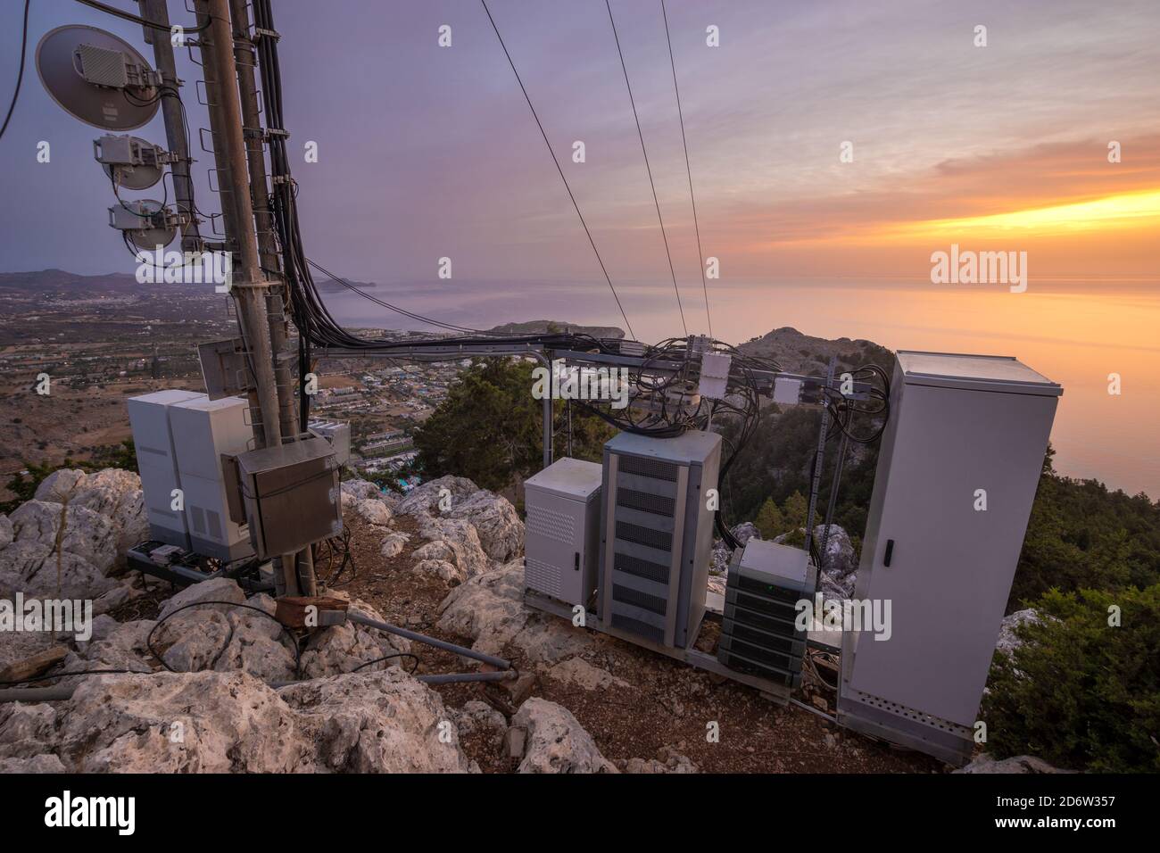 Mobile phone base station located on the mountain above the Aegean Sea ...