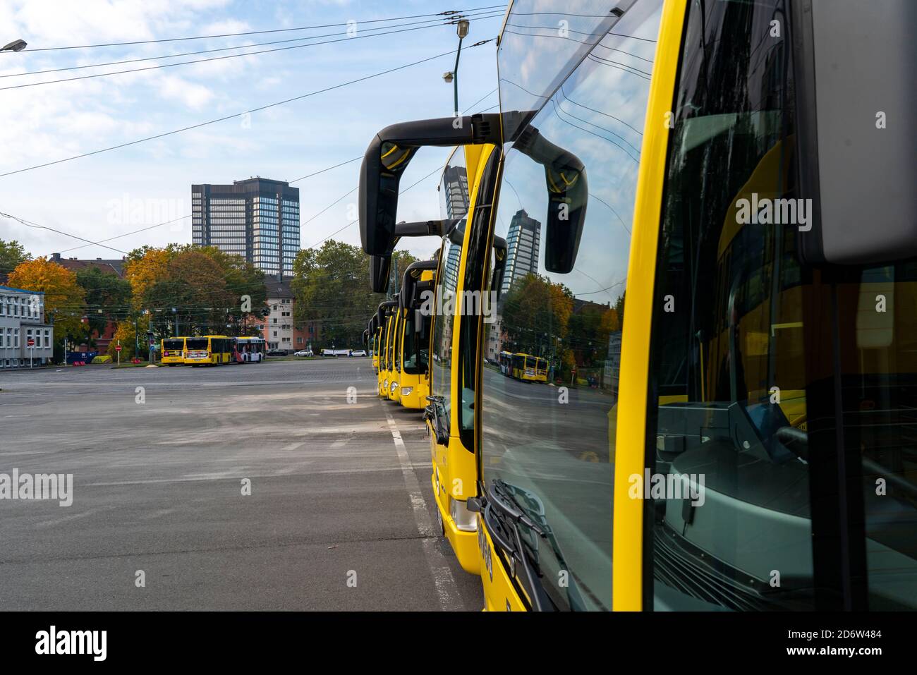 Bus and tram depot of the Ruhrbahn, local transport company, in Essen ...