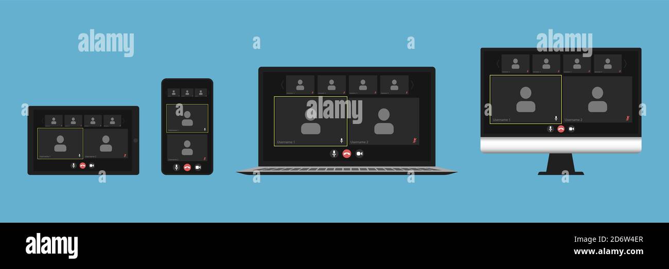 Screen group video call on the screen of a realistic laptop, tablet ...