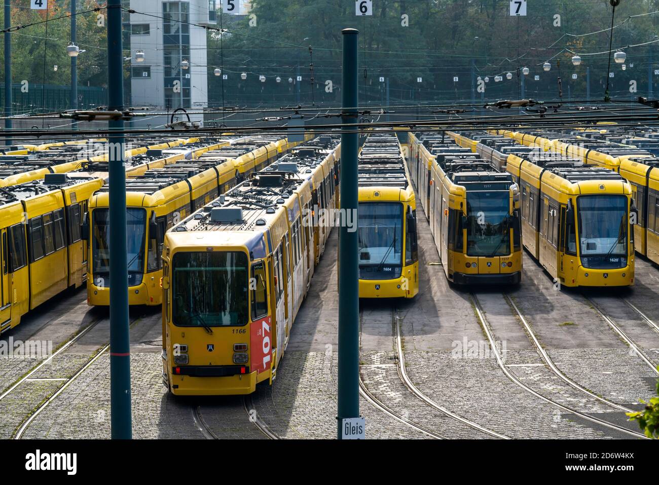 Bus and tram depot of the Ruhrbahn, local transport company, in Essen ...